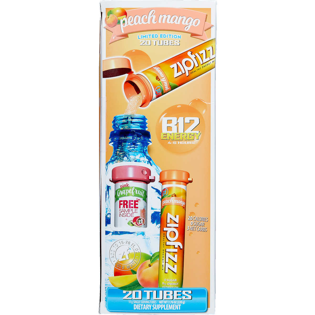 Zipfizz Healthy Energy Drink Mix with Vitamin B12, Peach Mango, 20 ct